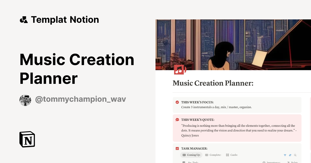 Music Creation Planner Templat oleh Tommy Champion | Notion Marketplace