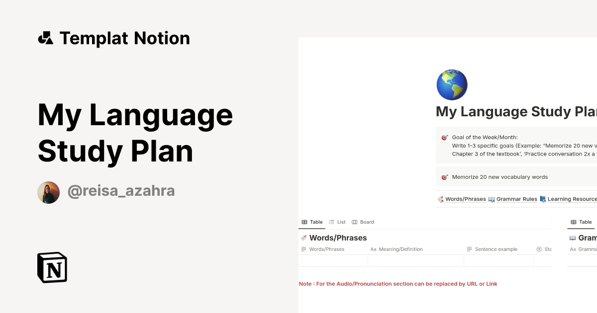 My Language Study Plan Templat oleh Reisa Azahra | Notion Marketplace