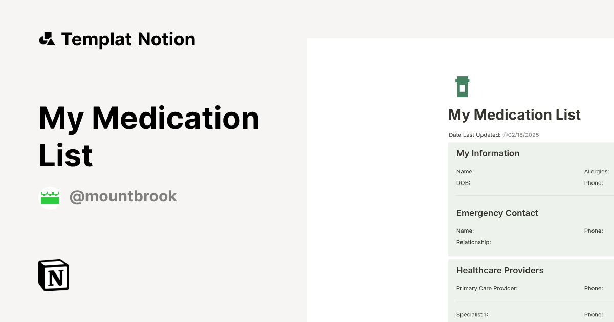 My Medication List Templat oleh Mount Brook | Notion Marketplace