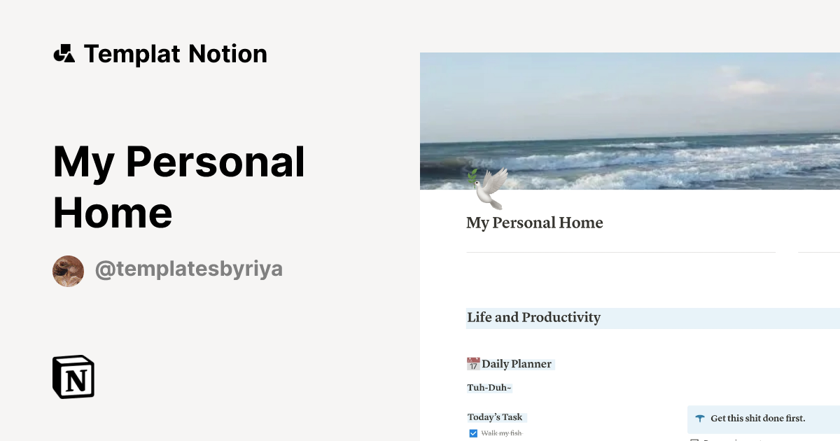 My Personal Home Templat oleh Templates by Riya | Notion Marketplace