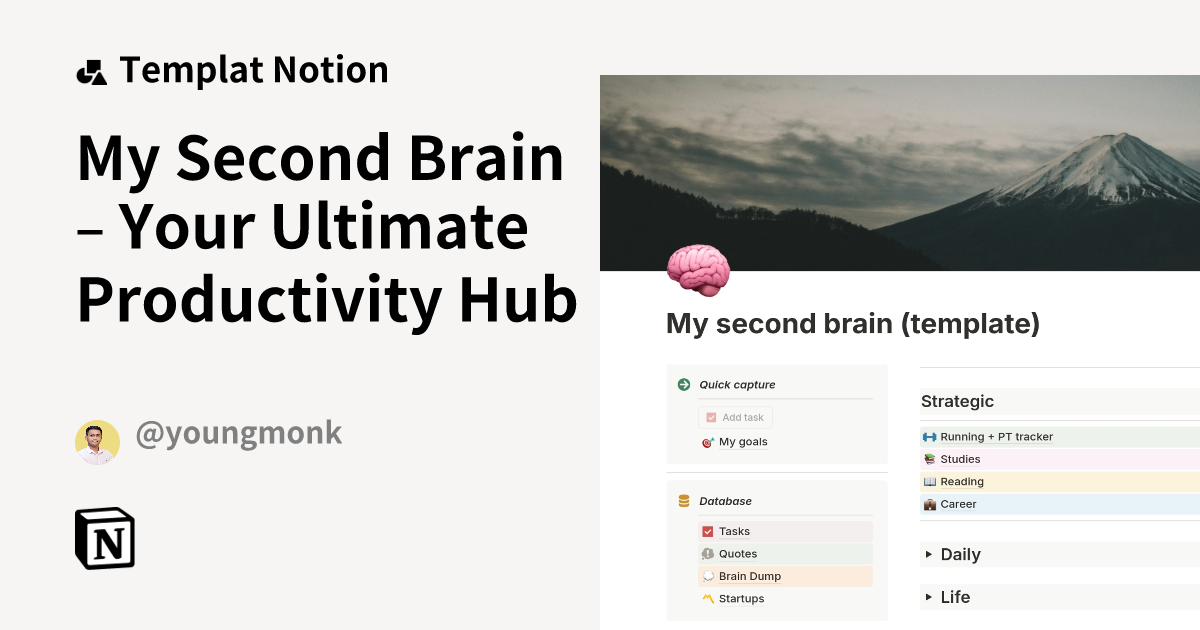 My Second Brain – Your Ultimate Productivity Hub Templat oleh Young Monk | Notion Marketplace