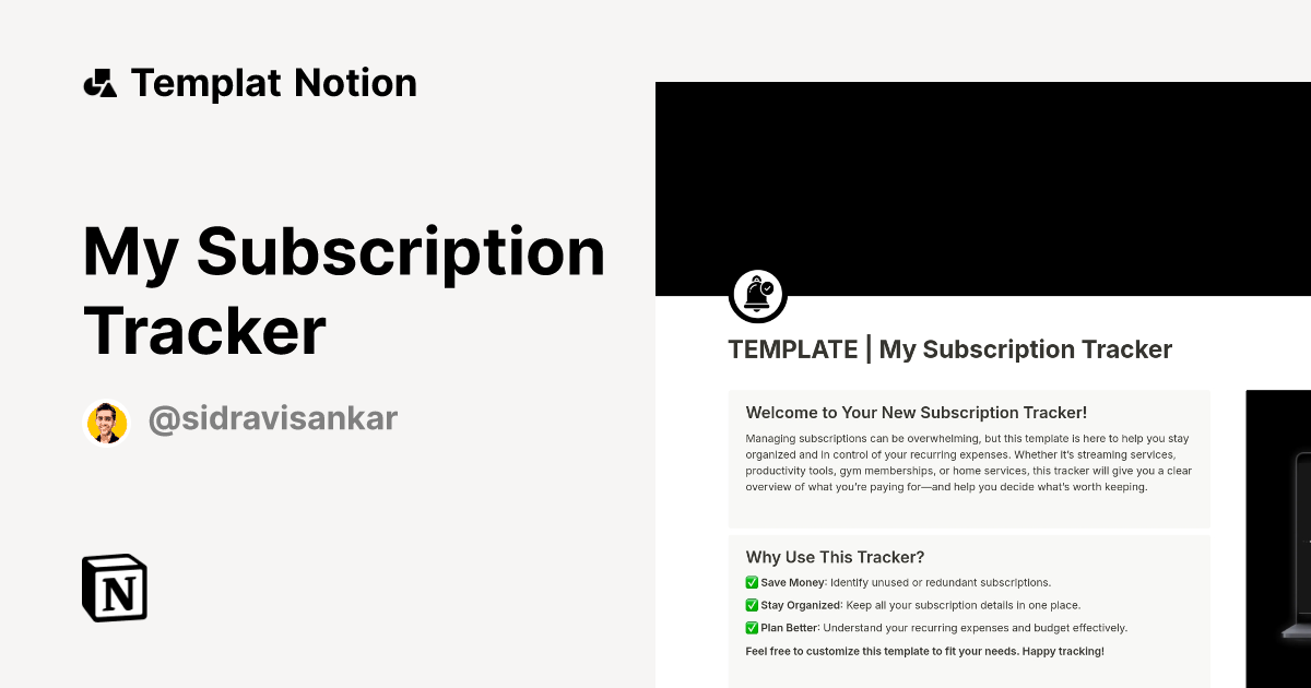 My Subscription Tracker Templat oleh Sid Ravisankar | Notion Marketplace