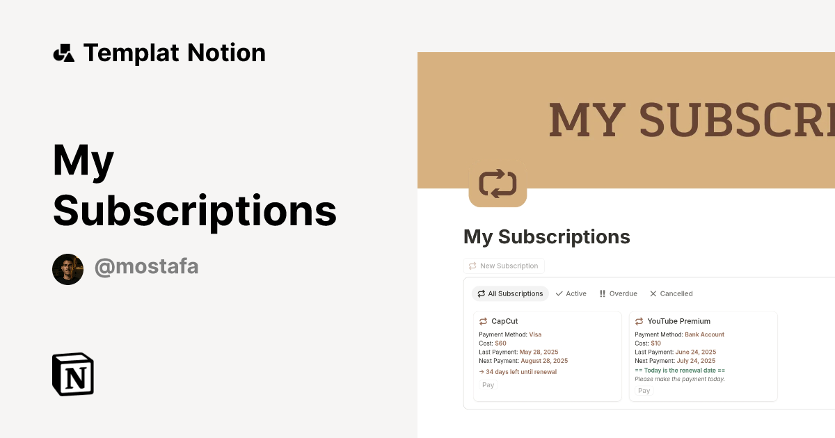 My Subscriptions Templat oleh Mostafa Yasser | Notion Marketplace
