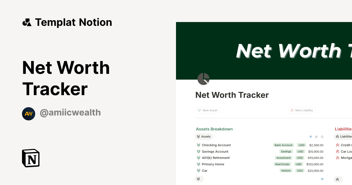 Net Worth Tracker Templat oleh AMIIC Wealth | Notion Marketplace