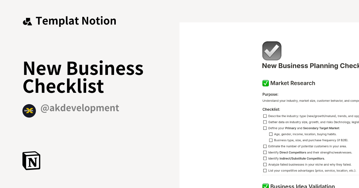 New Business Checklist Templat oleh Ak Development | Notion Marketplace