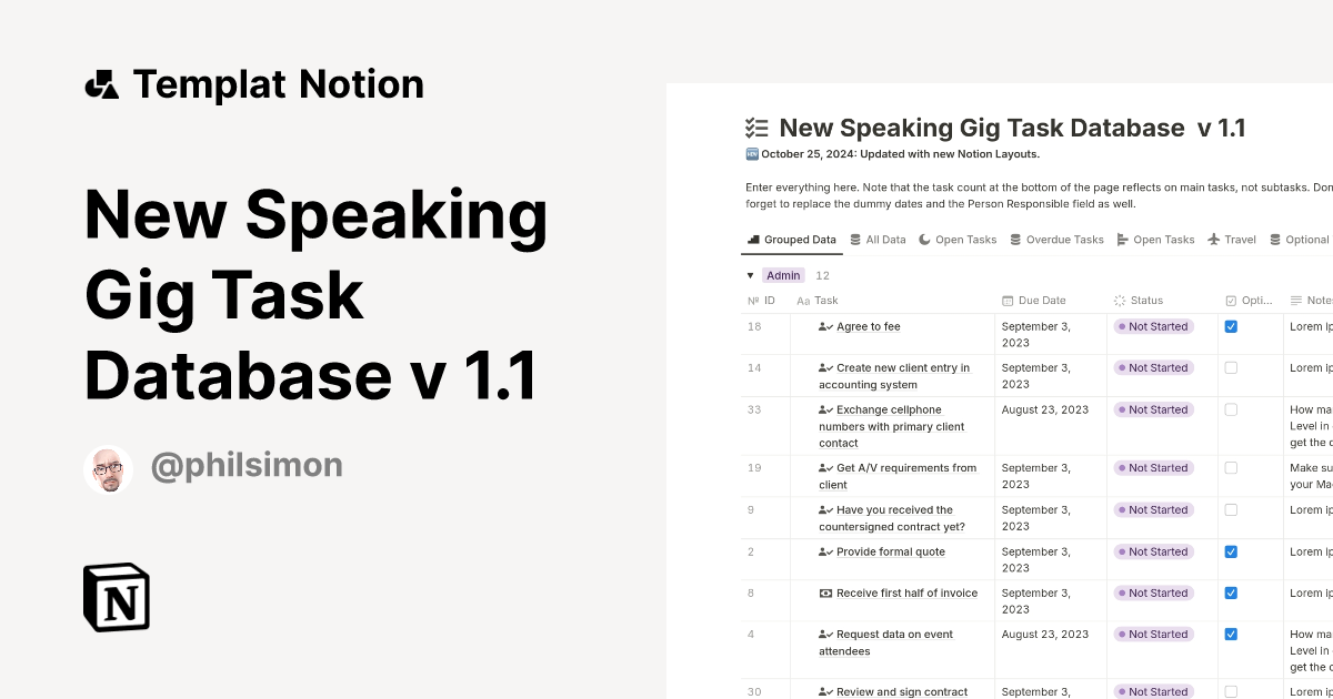 New Speaking Gig Task Database v 1.1 Templat oleh Phil Simon | Notion ...