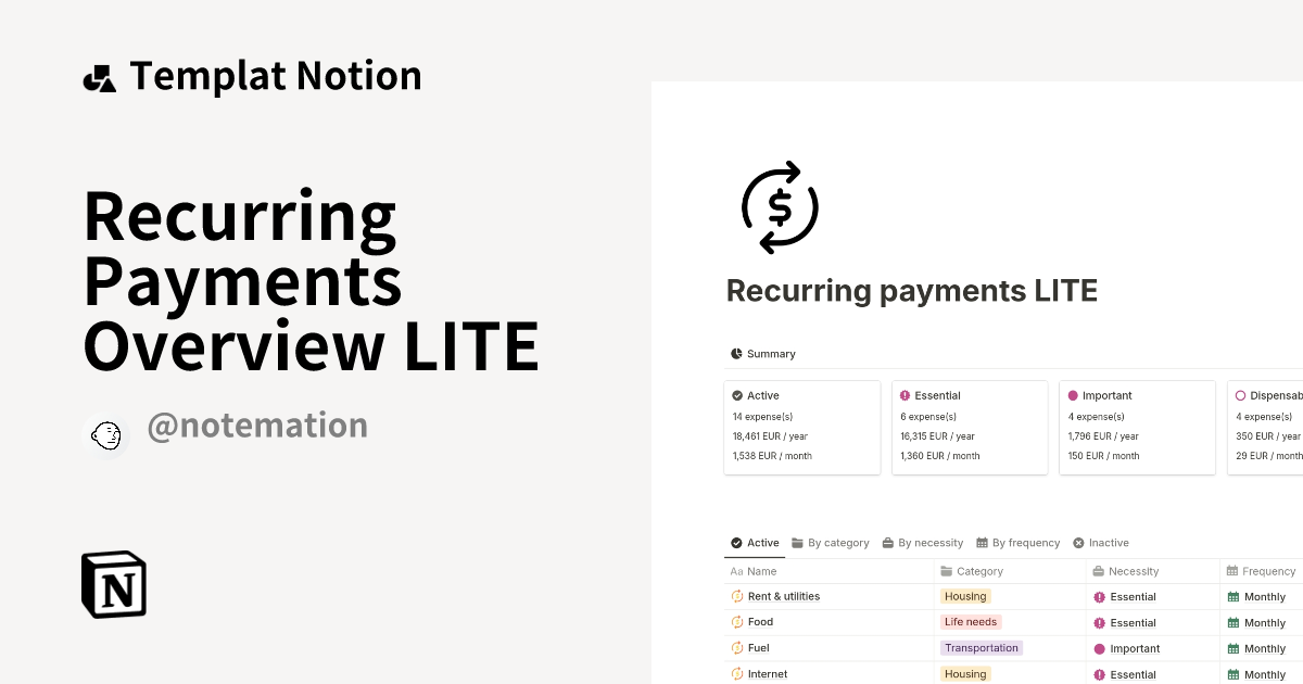 Templat Recurring Payments Overview LITE | Notion Marketplace