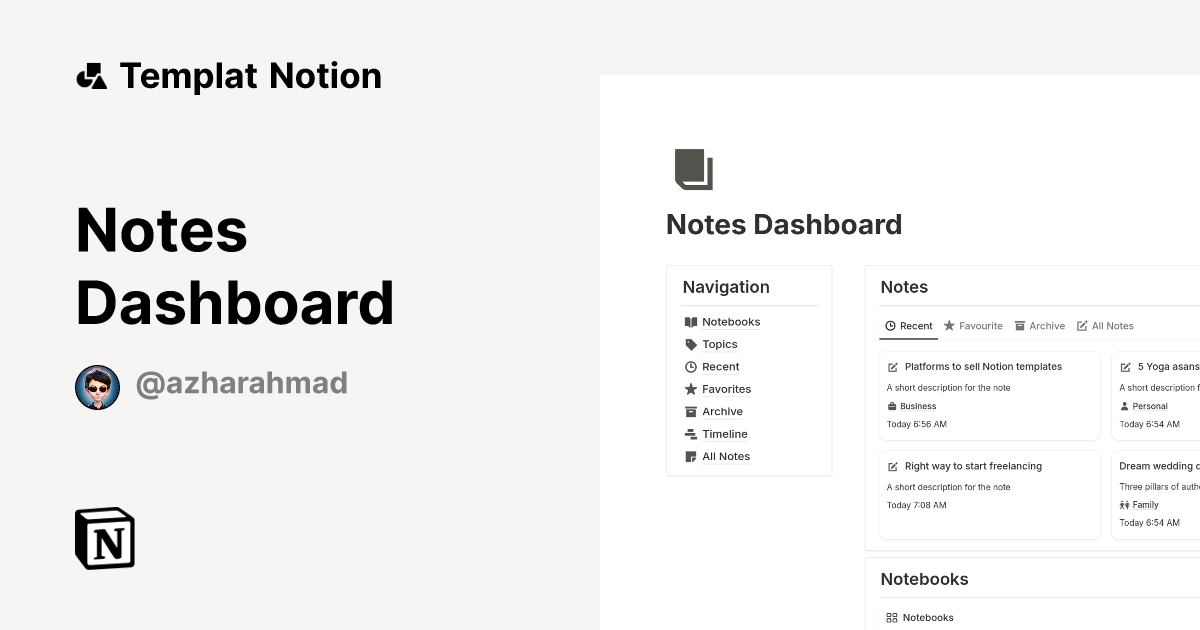 Notes Dashboard Templat oleh Azhar Ahmad | Notion Marketplace