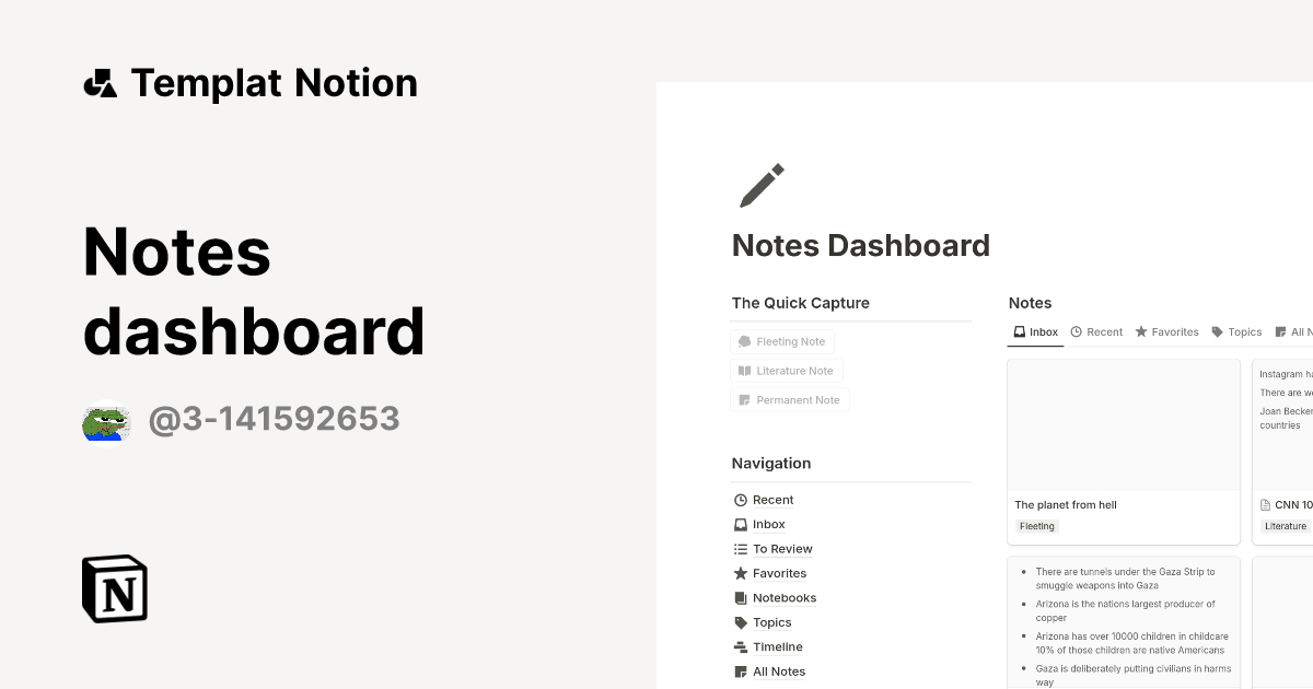 Templat Notes dashboard | Notion Marketplace