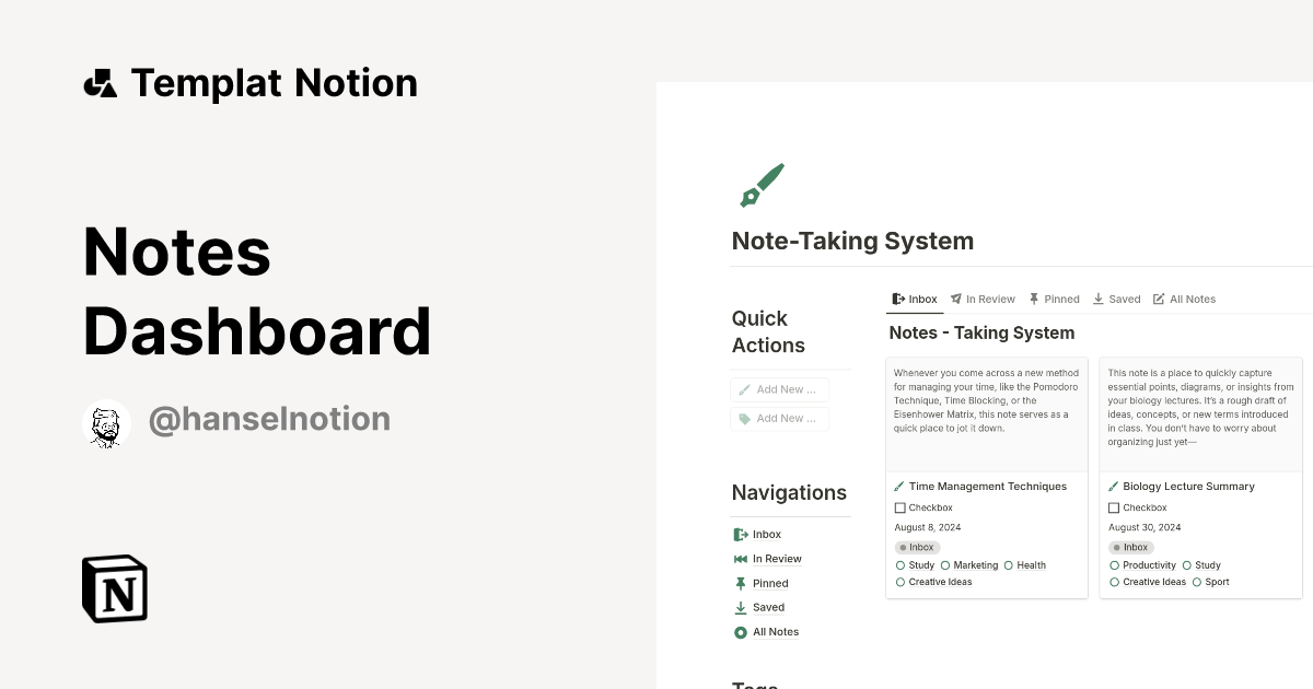 Templat Notes Dashboard | Notion Marketplace