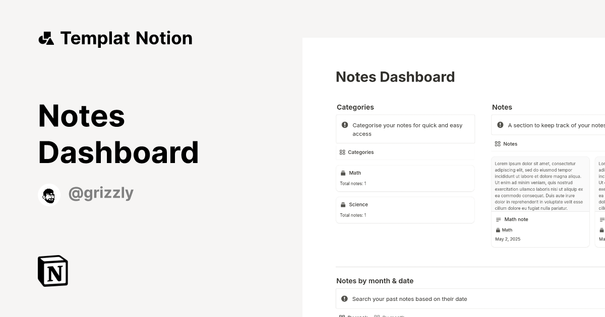Notes Dashboard Templat oleh Notion Grizzly | Notion Marketplace