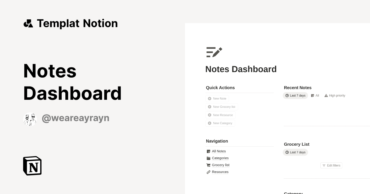 Notes Dashboard Templat oleh We’re Ayrayn | Notion Marketplace