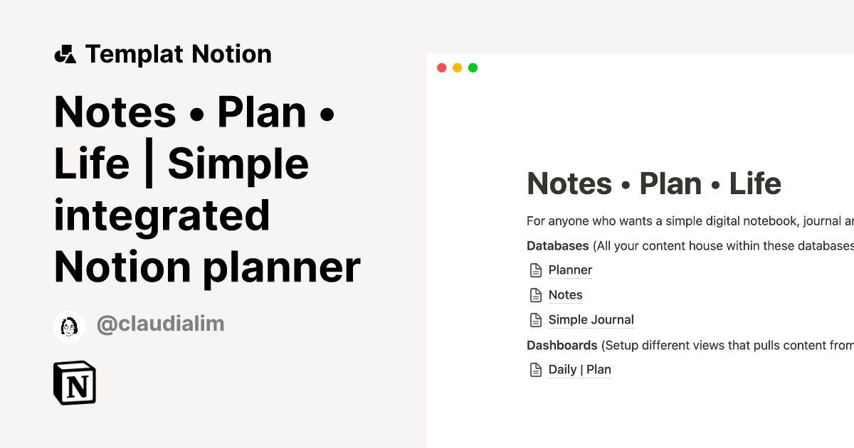Notes • Plan • Life | Simple integrated Notion planner Templat oleh ...