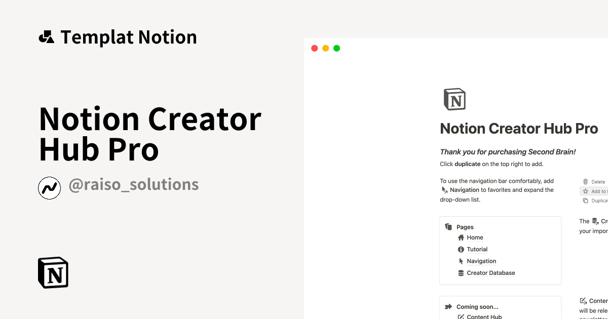 Notion Creator Hub Pro Templat oleh Raiso Solutions | Notion Marketplace