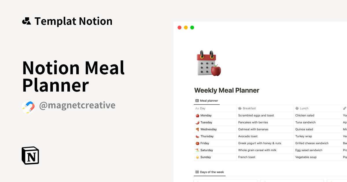 Notion Meal Planner Templat oleh Magnet Creative | Notion Marketplace