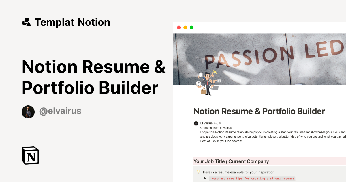 Notion Resume & Portfolio Builder Templat oleh El Vairus | Notion ...