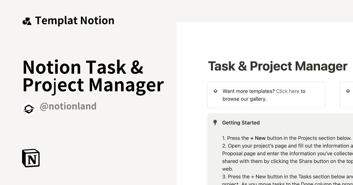 Notion Task & Project Manager Templat oleh Notionland | Notion Marketplace