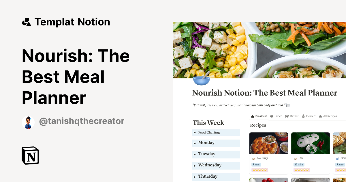 Nourish: The Best Meal Planner Templat oleh TanishqTheCreator | Notion Marketplace