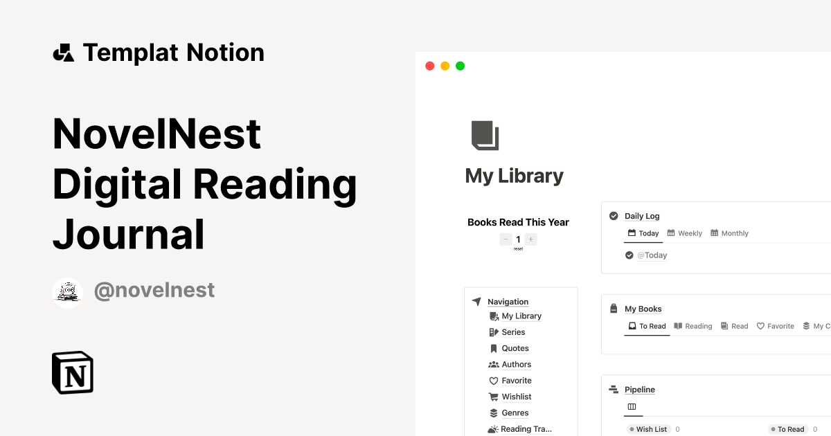 Templat NovelNest Digital Reading Journal | Notion Marketplace