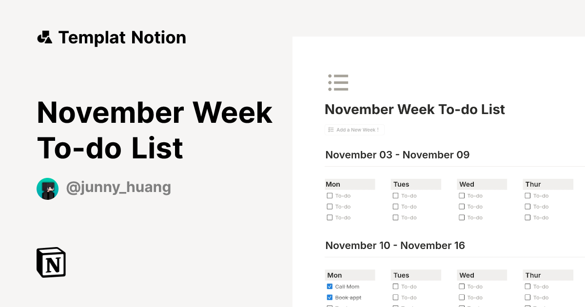 November Week To-do List Templat oleh JUNNY | Notion Marketplace