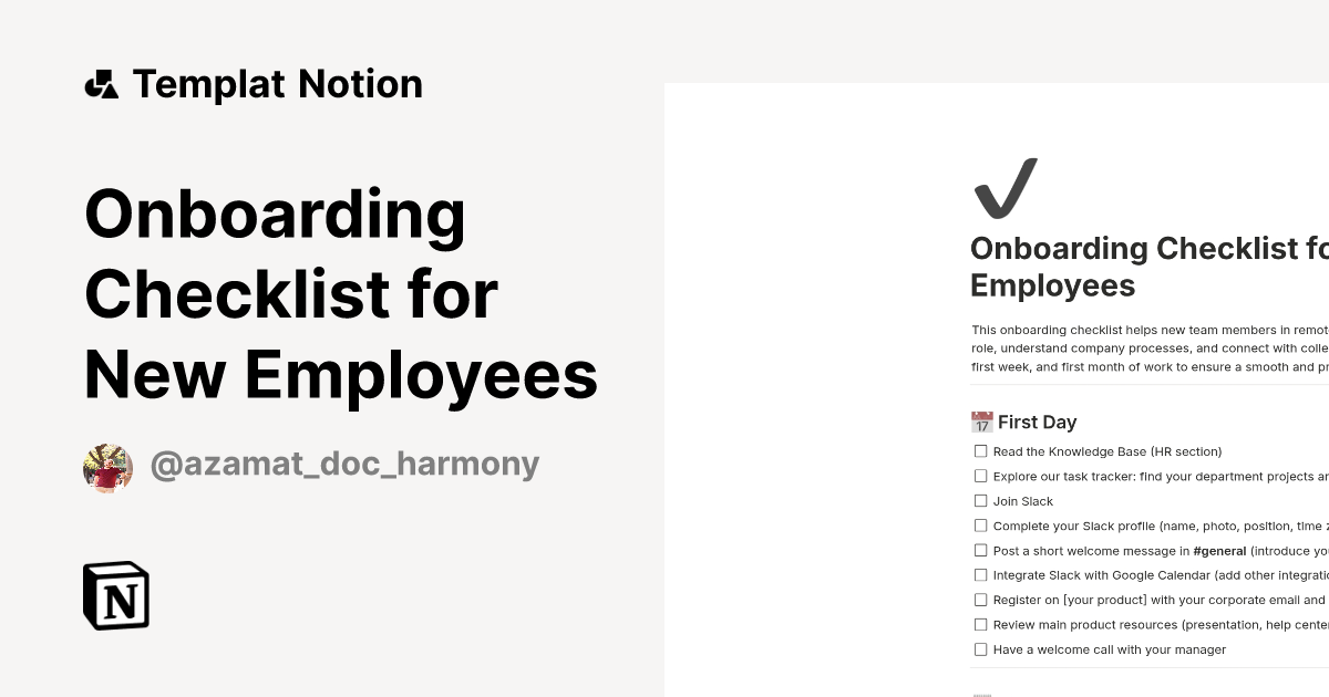 Onboarding Checklist for New Employees Templat oleh DocHarmony.me | Notion Marketplace