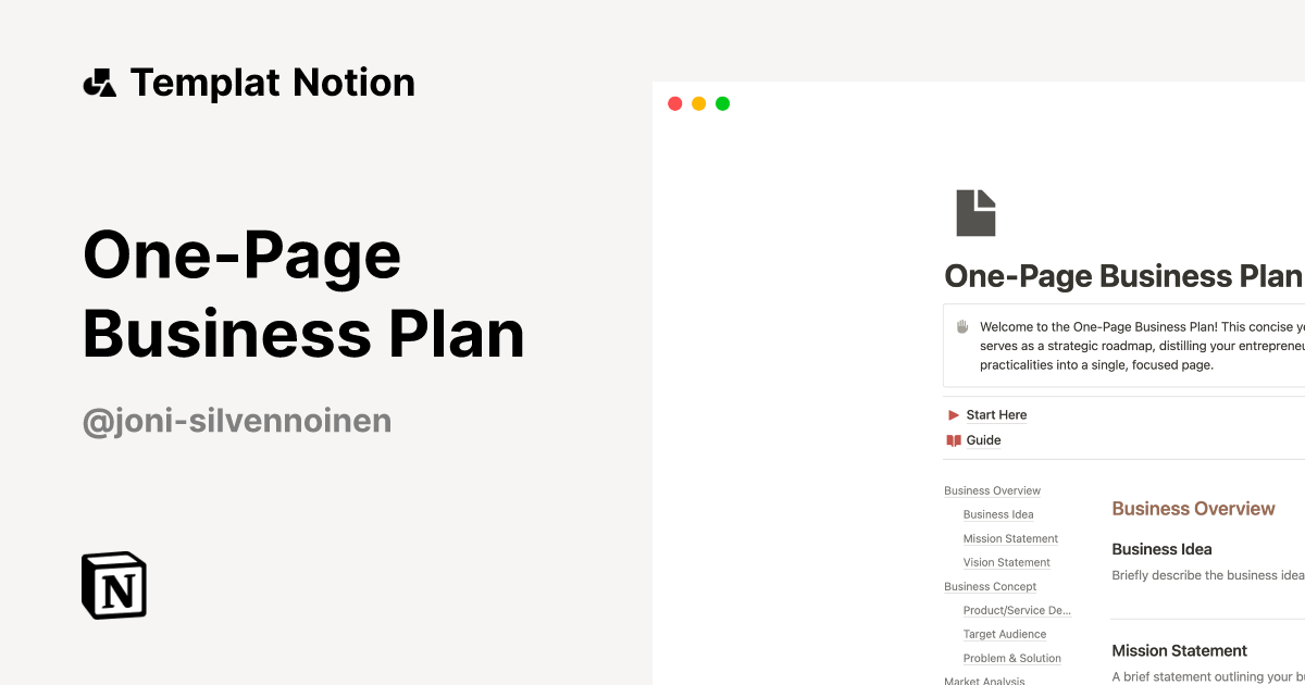 One-Page Business Plan Templat oleh Joni Silvennoinen | Notion Marketplace