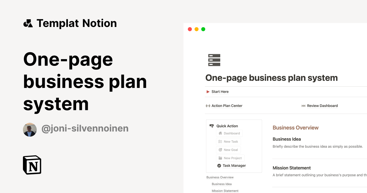 One-page business plan system Templat oleh Joni Silvennoinen | Notion Marketplace