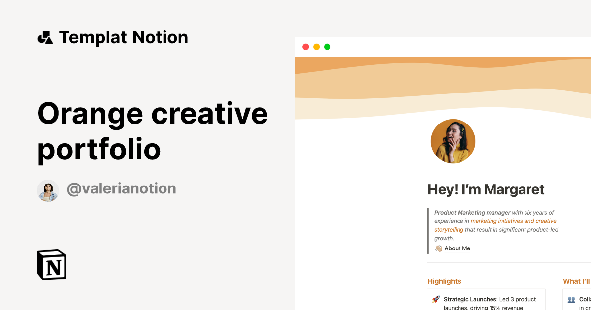 Orange creative portfolio Templat oleh Valeria | Notion Marketplace
