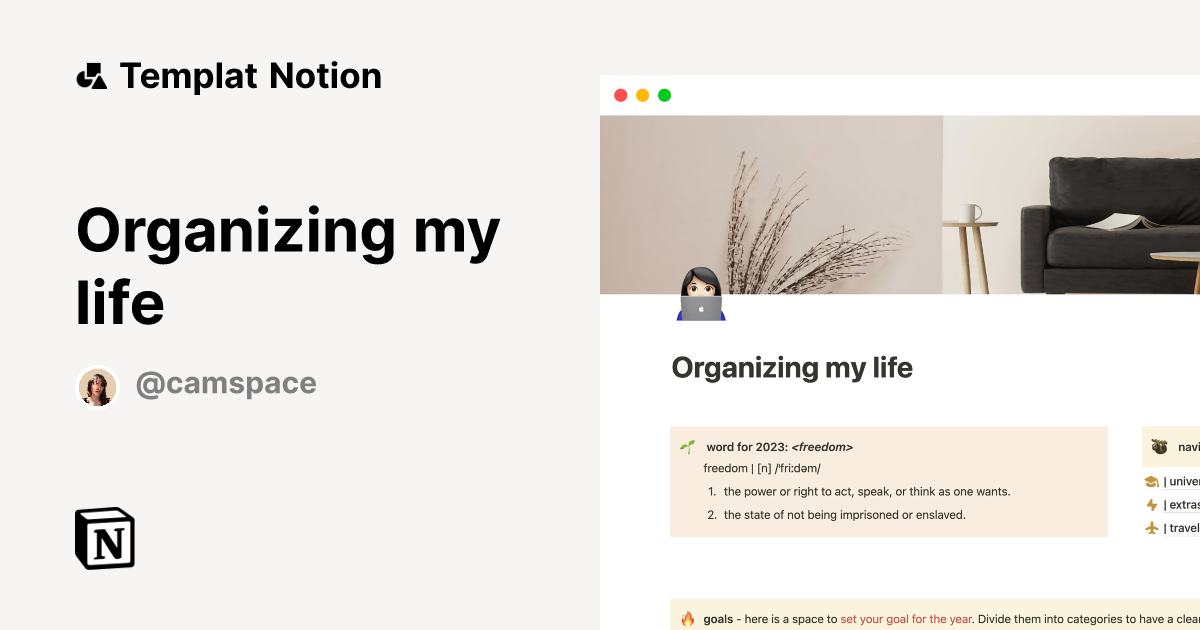 Organizing my life Templat oleh cam | Notion Marketplace