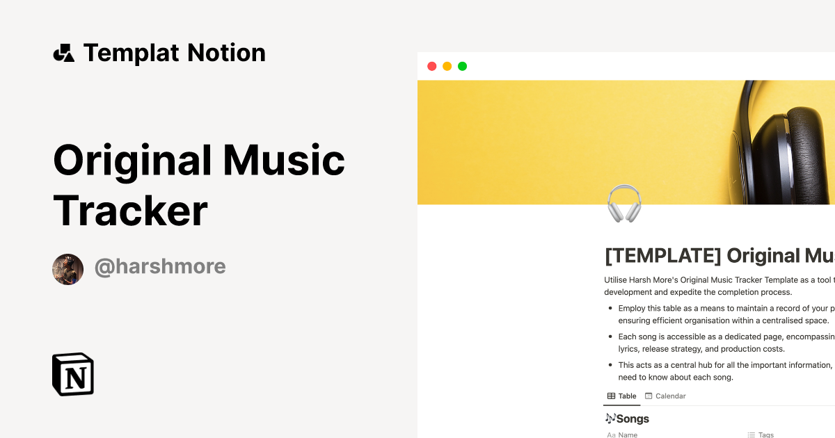 Original Music Tracker Templat oleh Harsh More | Notion Marketplace