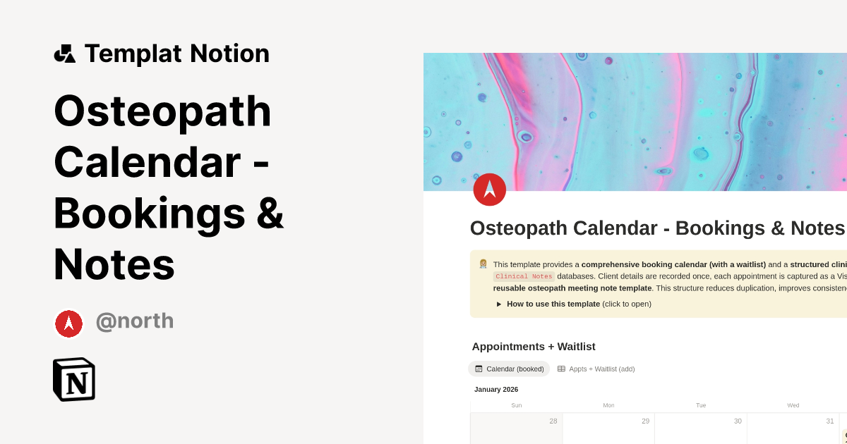 Templat Osteopath Calendar - Bookings & Notes | Notion Marketplace