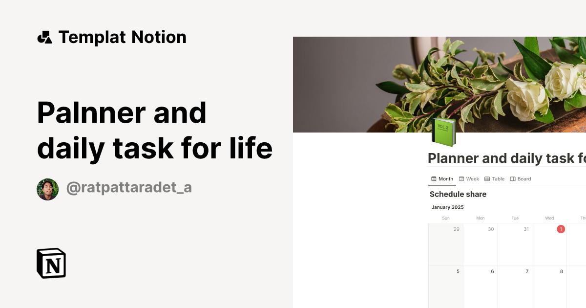 Palnner and daily task for life Templat oleh Ratpattaradet Anuson | Notion Marketplace