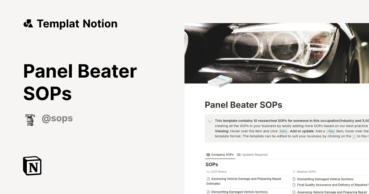 Panel Beater SOPs Templat oleh SOPs | Notion Marketplace