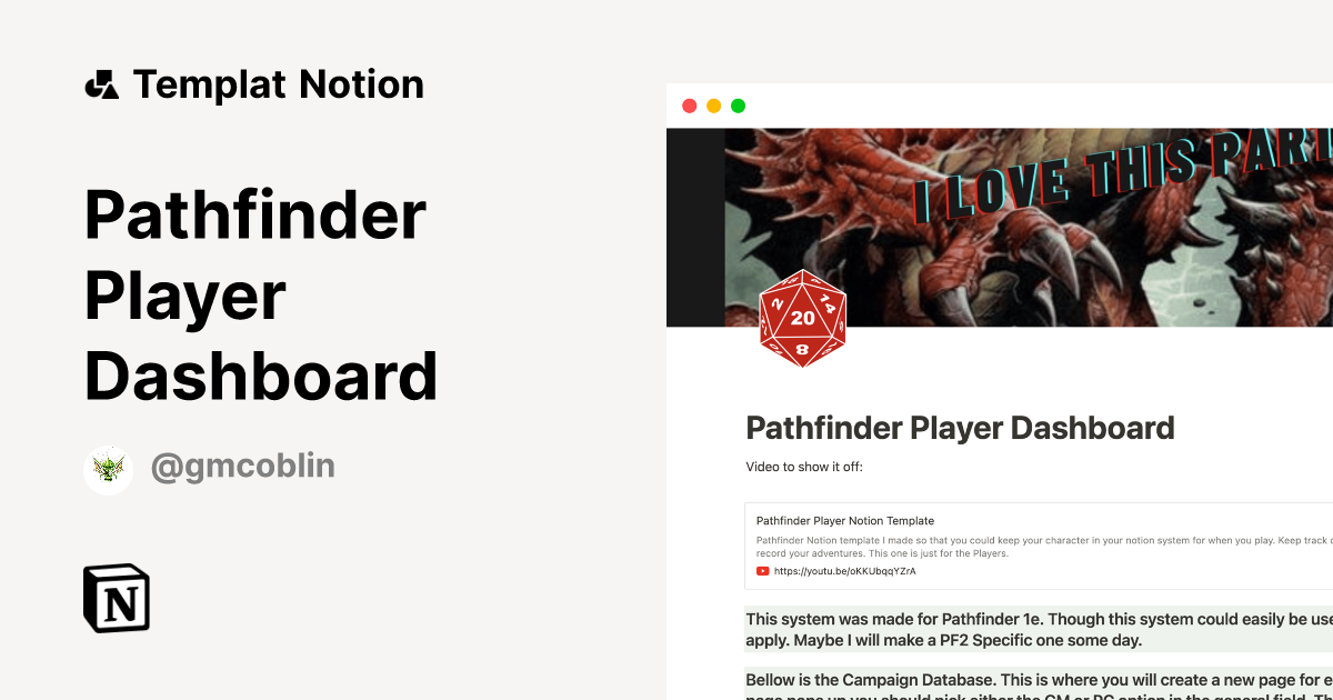 Pathfinder Player Dashboard Templat oleh GM Coblin | Notion Marketplace