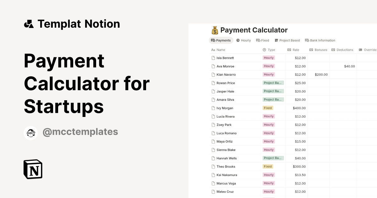 Templat Payment Calculator for Startups | Notion Marketplace