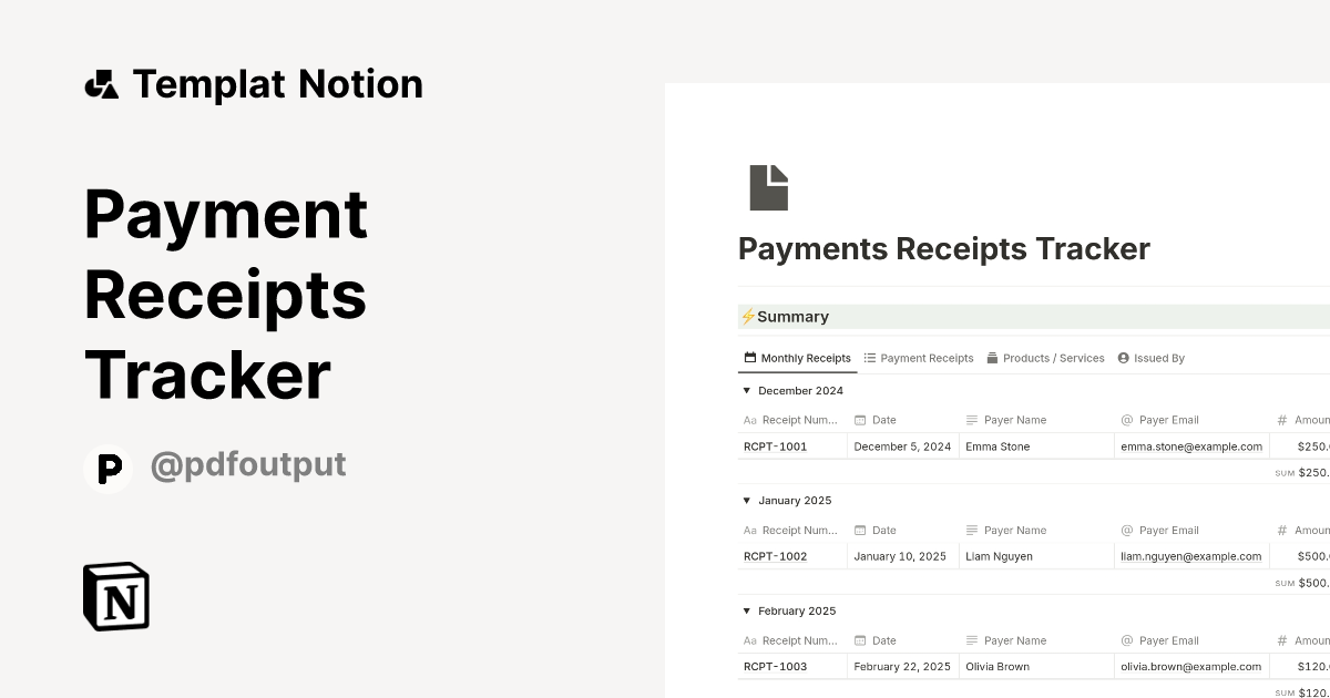 Payment Receipts Tracker Templat oleh PDFOutput | Notion Marketplace