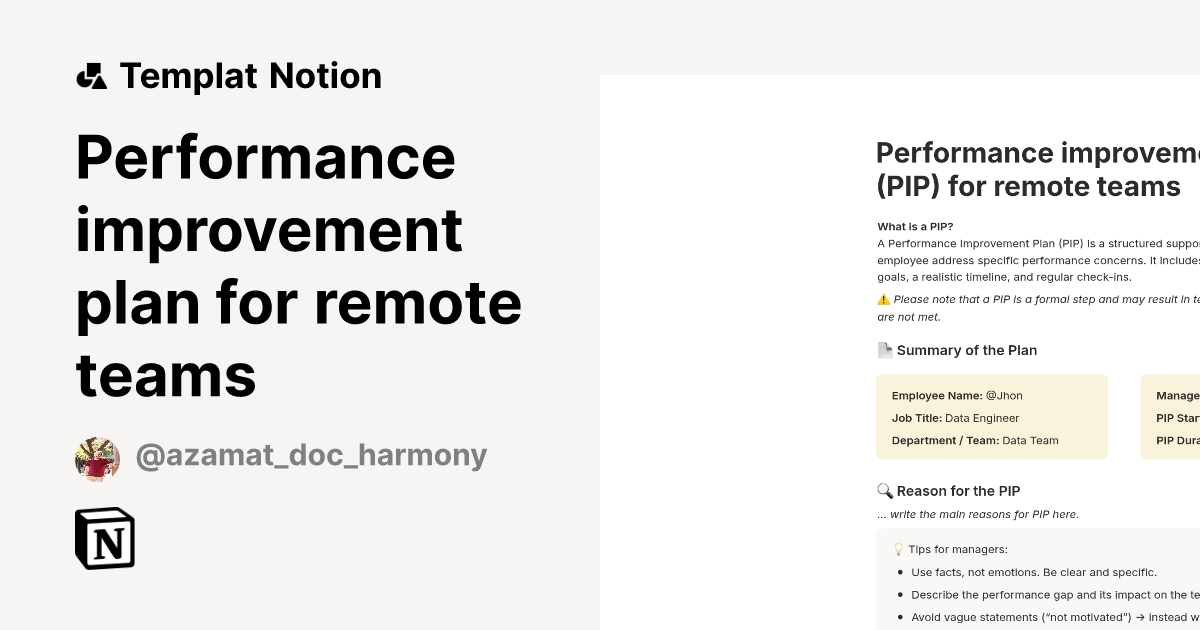 Templat Performance improvement plan for remote teams | Notion Marketplace