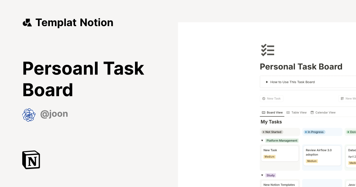 Persoanl Task Board Templat oleh Joon | Notion Marketplace