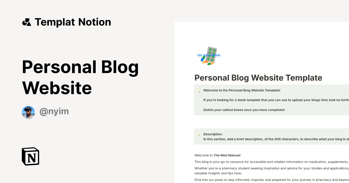 Personal Blog Website Templat oleh Nyim | Notion Marketplace