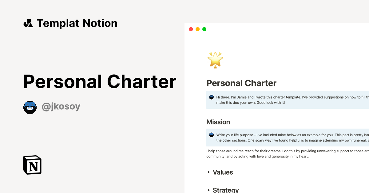 Personal Charter Templat oleh Jamie Kosoy | Notion Marketplace