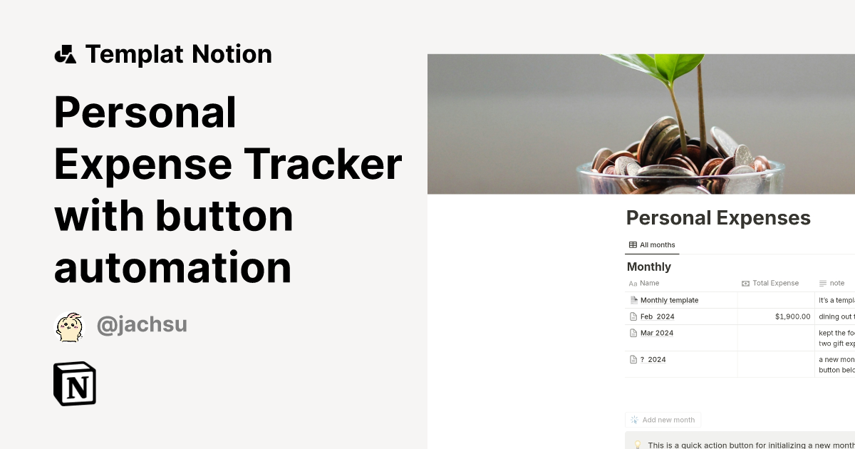 Templat Personal Expense Tracker with button automation | Notion Marketplace