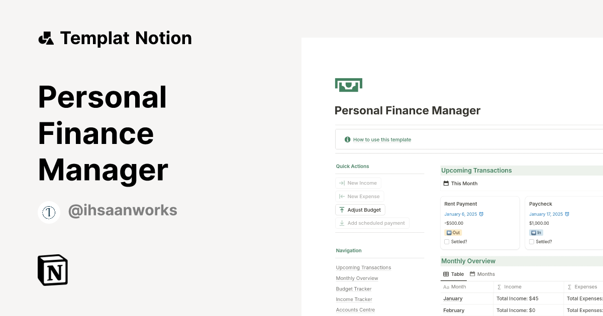 Personal Finance Manager Templat oleh Ihsaanworks | Notion Marketplace