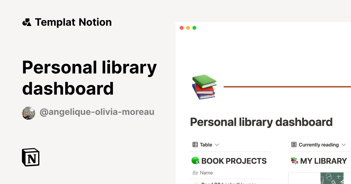 Personal library dashboard Templat oleh Angélique Olivia Moreau | Notion Marketplace