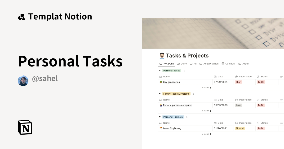 Templat Personal Tasks | Notion Marketplace