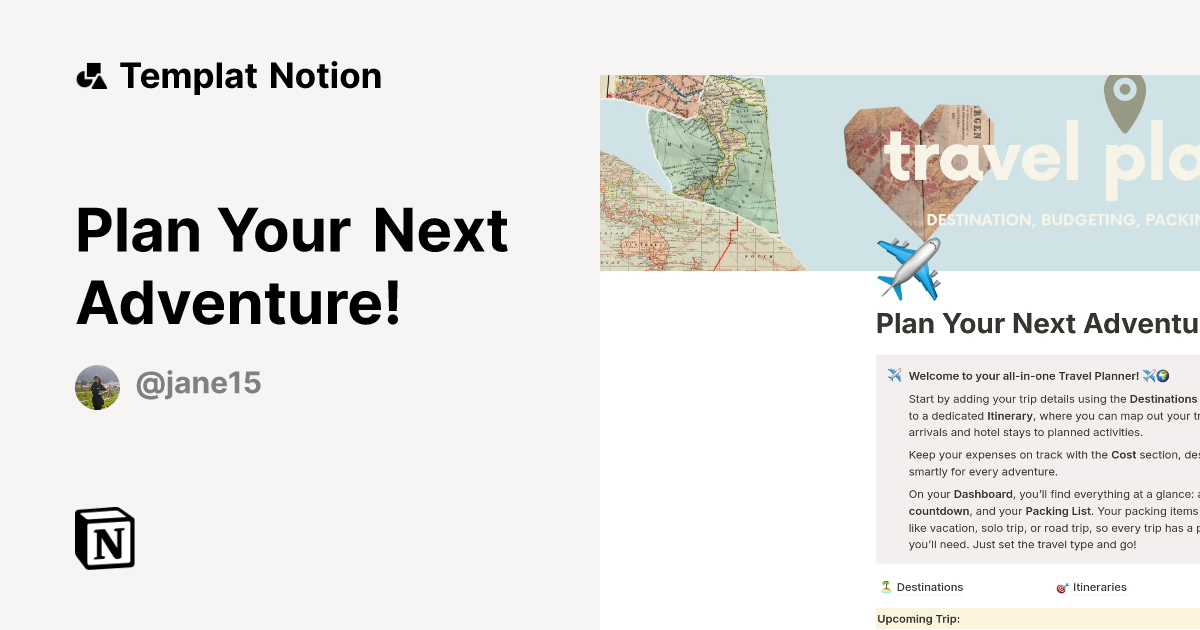 Plan Your Next Adventure! Templat oleh Jane | Notion Marketplace