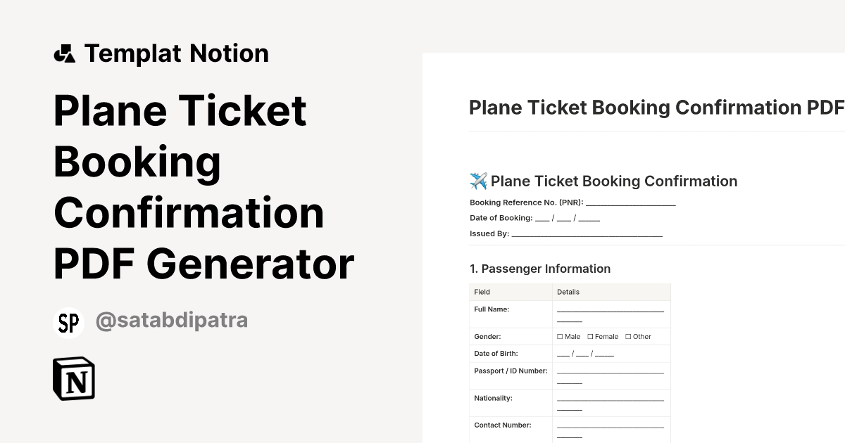 Plane Ticket Booking Confirmation PDF Generator Templat oleh Satabdi ...