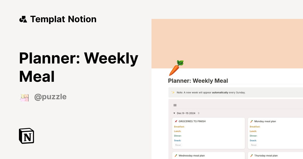 Planner: Weekly Meal Templat oleh Puzzle | Notion Marketplace