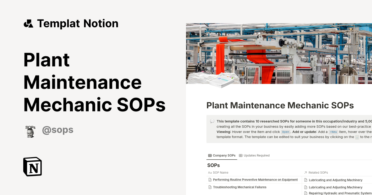 Plant Maintenance Mechanic SOPs Templat oleh SOPs | Notion Marketplace