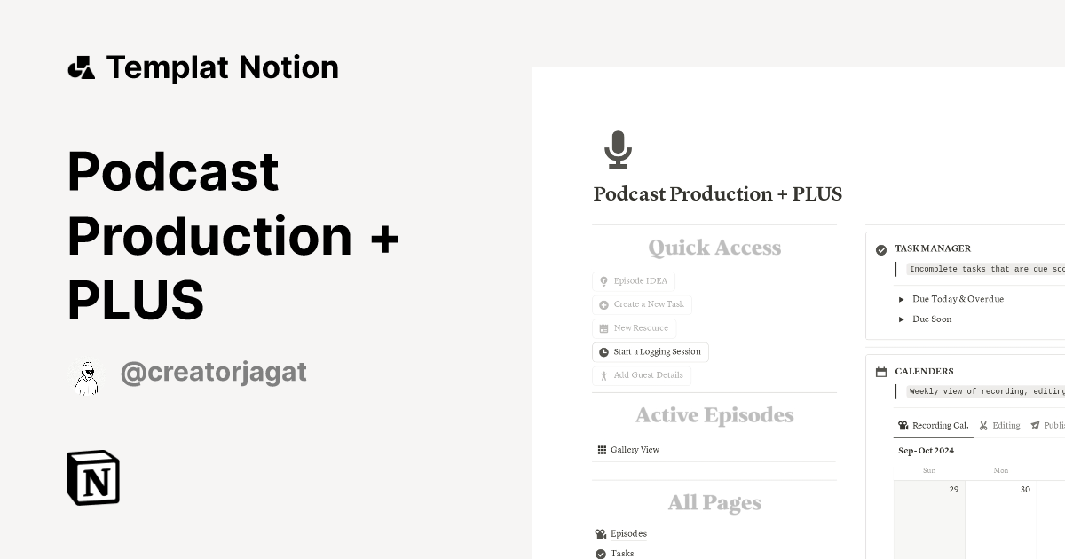 Podcast Production + PLUS Templat oleh CreatorJagat | Notion Marketplace