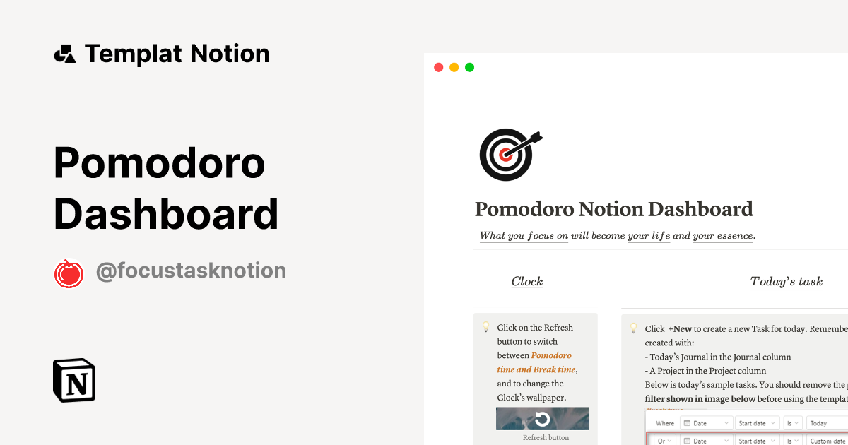 Pomodoro Dashboard Templat oleh FocustaskNotion | Notion Marketplace